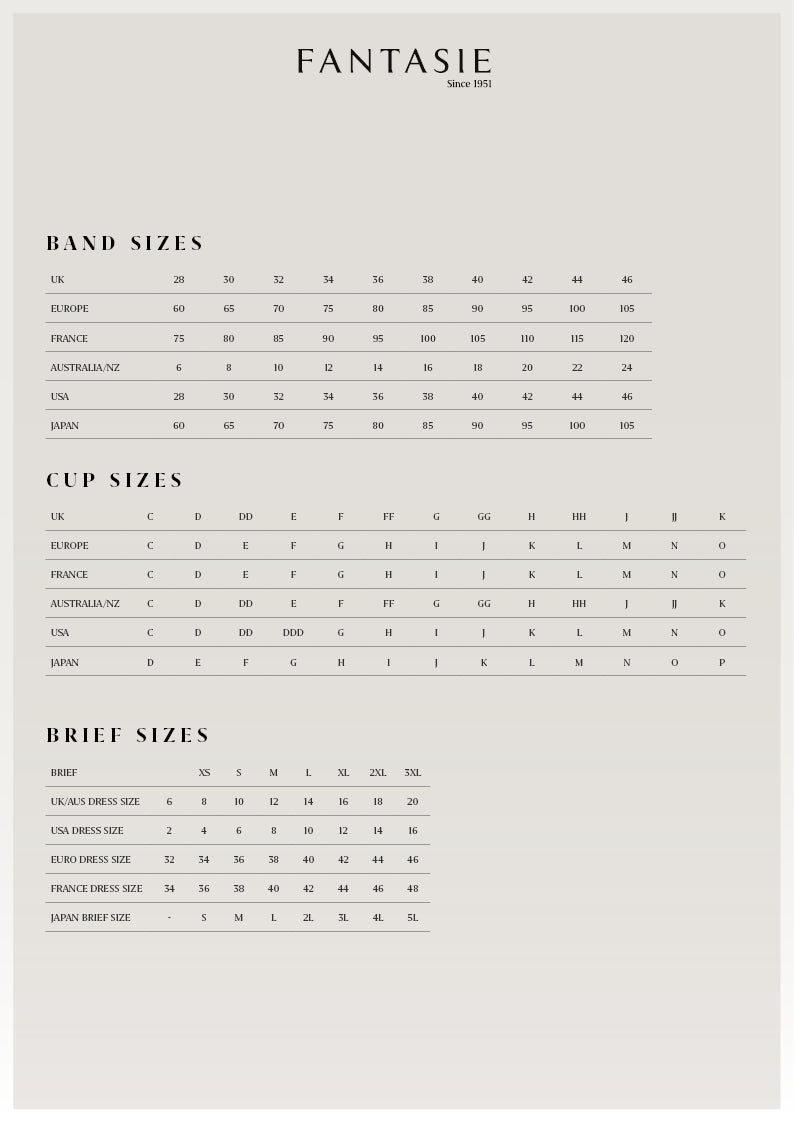 Fantasie Size Guide – Florence May Intimates